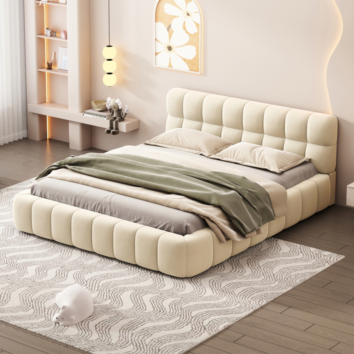 Click here for Queen Upholstered Platform Bed - Solid Frame - Bei... prices