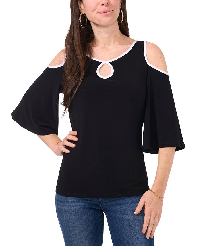 Sam & Jess Petite Keyhole Cold-Shoulder Trimmed Top - Macy's