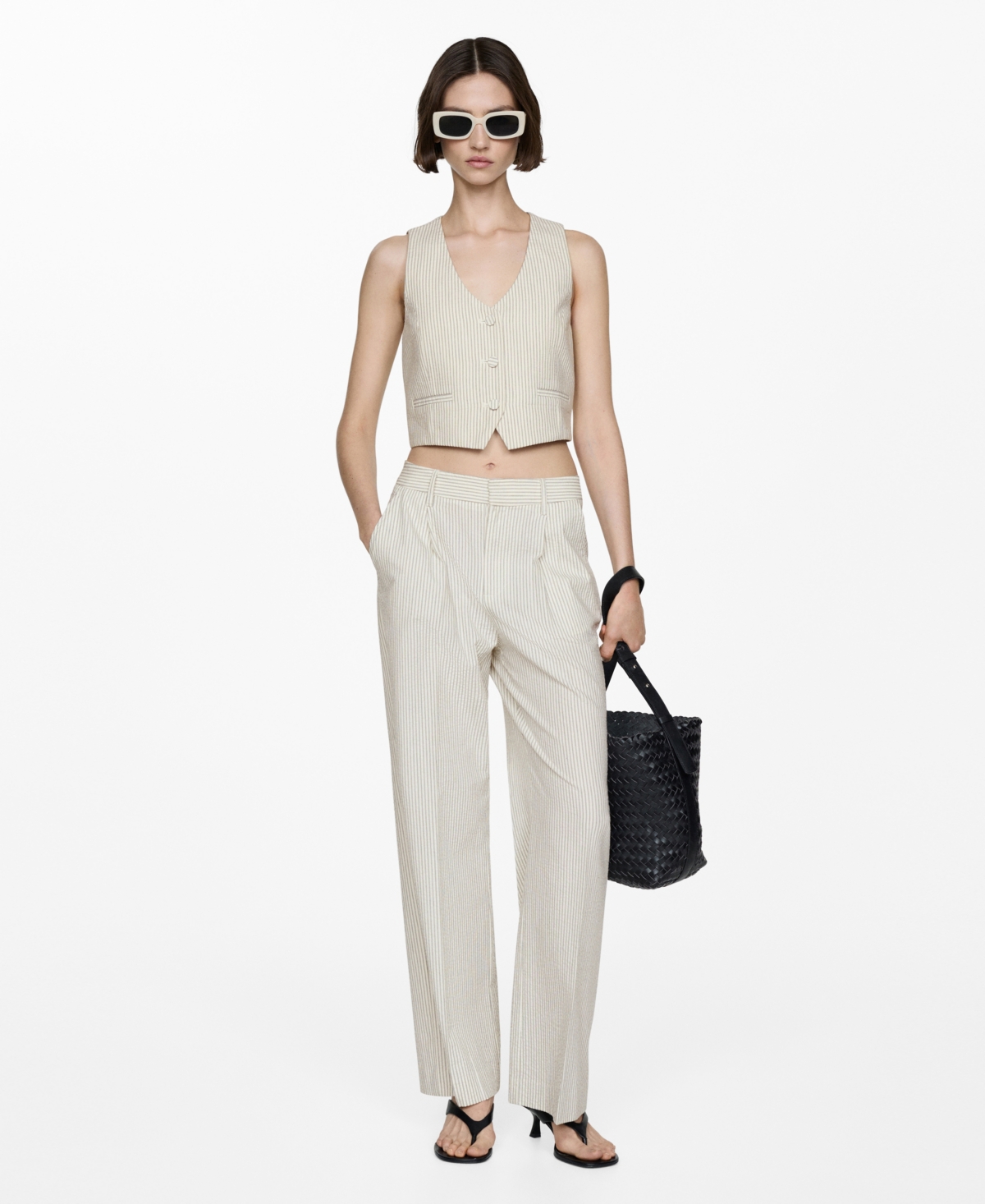Click here for Mango Womens Straight Striped Pants - Ecru prices