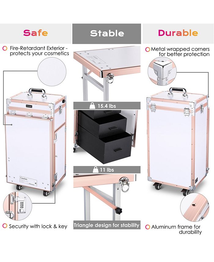 Byootique Aluminum Rolling Makeup Train Case with Table Salon Nail Trolley Cosmetic Organizer ...