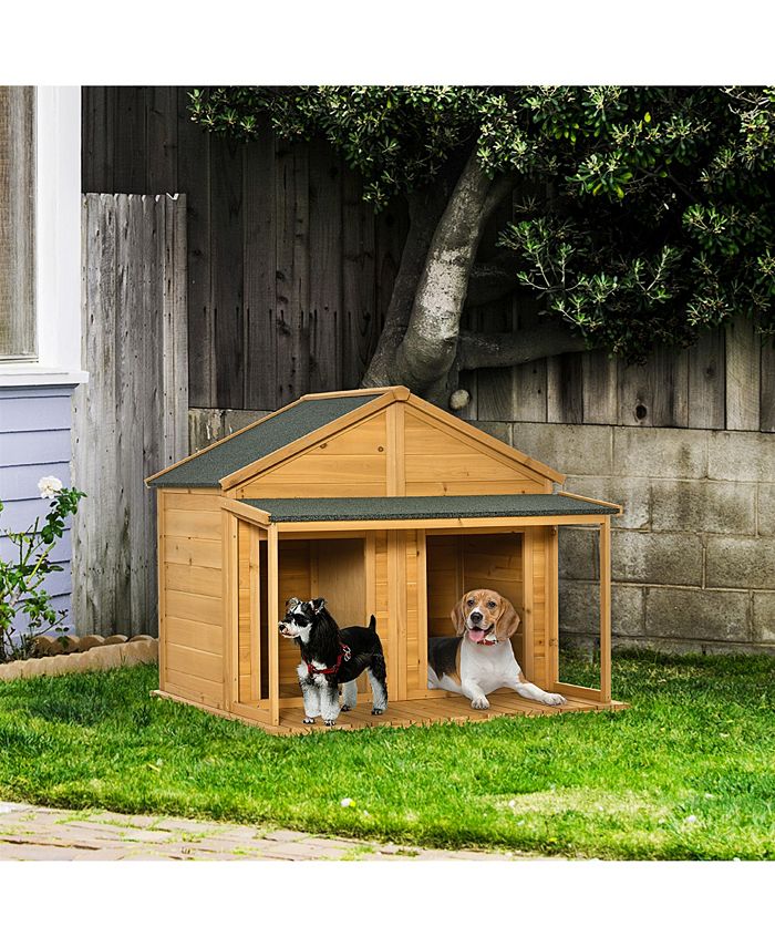PawHut Outdoor Wooden Dog House for 2 Medium or Small Dogs with Porch ...