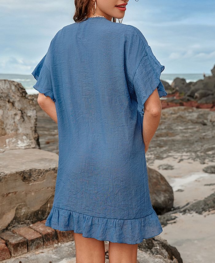 CUPSHE Women's Blue Ruffled Tie Front Cover-Up Beach Dress - Macy's