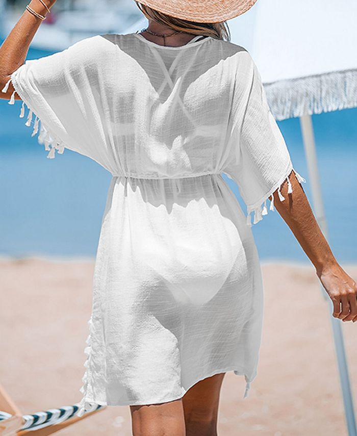 CUPSHE Women's White Lace Tassel Plunging Cover-Up Beach Dress - Macy's