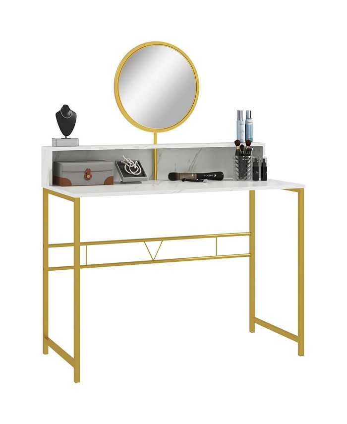 HOMCOM Elegant Marble Makeup Vanity Table W/ Open Storage & Round ...