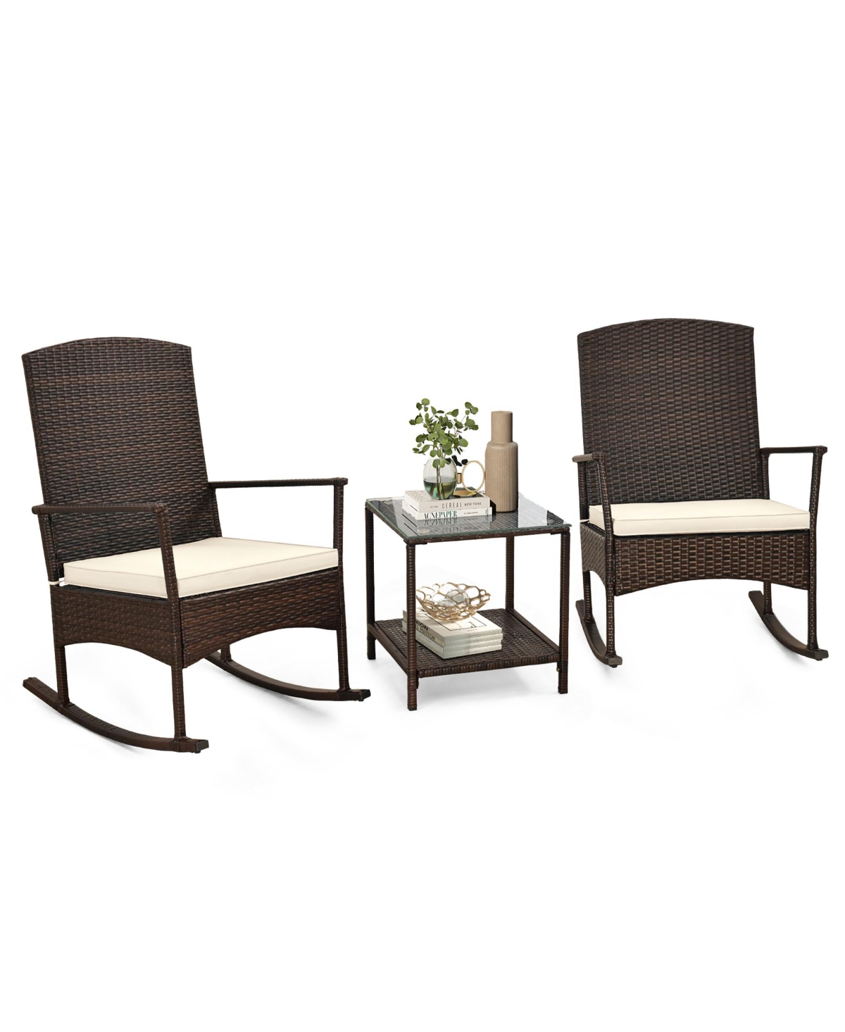 Click here for Gymax 3 Pieces Rocking Wicker Bistro Set Outdoor F... prices