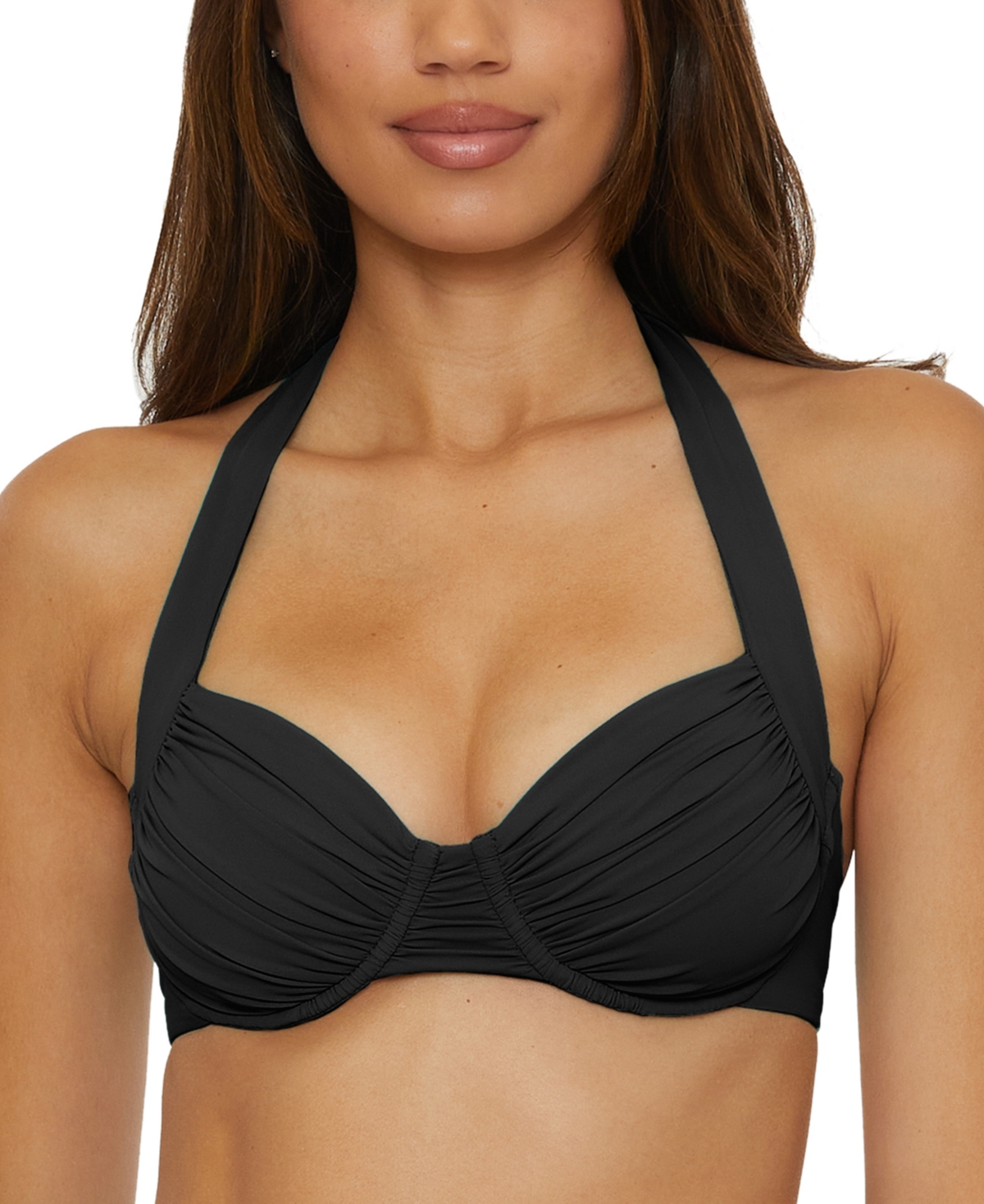 Click here for Becca Womens Ruched Underwire Bikini Top - Black prices