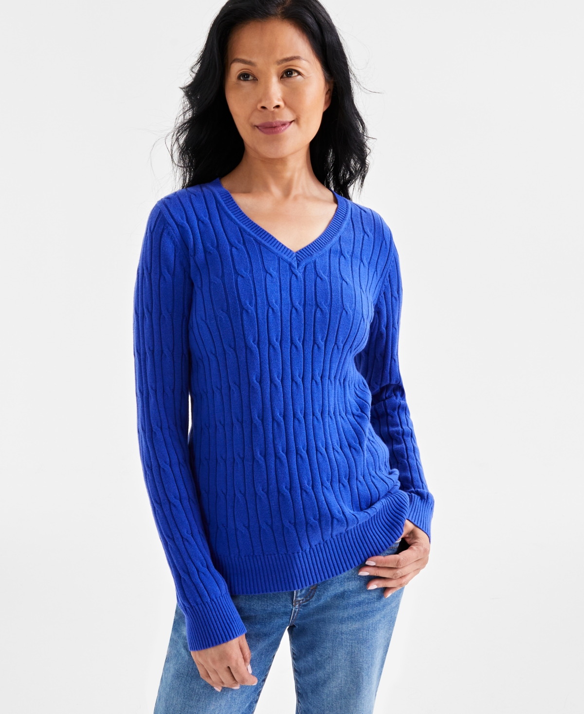 Click here for Style & Co Womens Cotton Cable-Knit V-Neck Sweater... prices