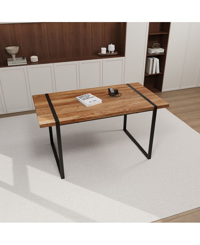 Simplie Fun Rustic Industrial Dining Table, MDF Wood Top, Black Metal ...
