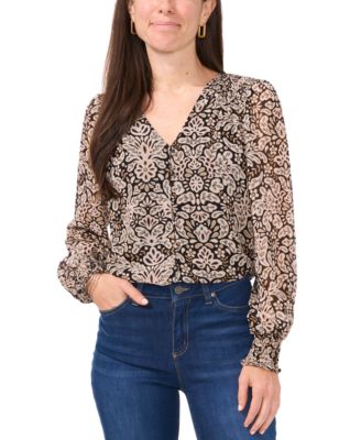 Sam & Jess Petite Floral-Print V-Neck Smocked-Cuff Blouse - Macy's