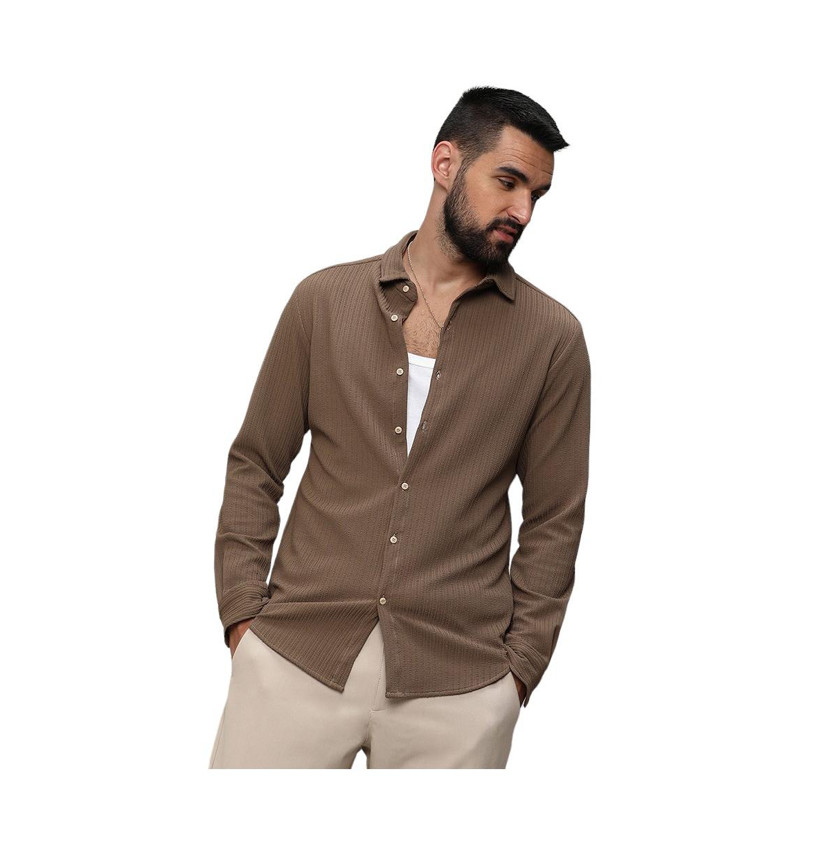 Click here for Mens Tan Brown Stripe-Creased Shirt - Brown prices