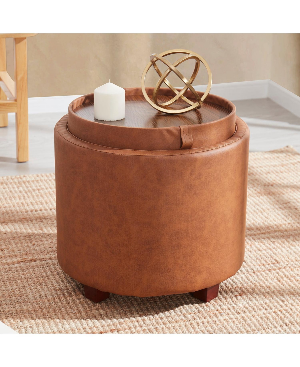 Click here for Lawrence Round Faux Leather Storage Ottoman with T... prices