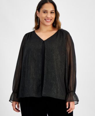Kasper Plus Size Split-Front Metallic-Threaded Sheer-Sleeve Top - Macy's