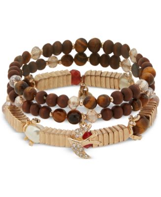 lonna & lilly Gold-Tone 3-Pc. Brown Beaded Stretch Bracelet Set - Macy's