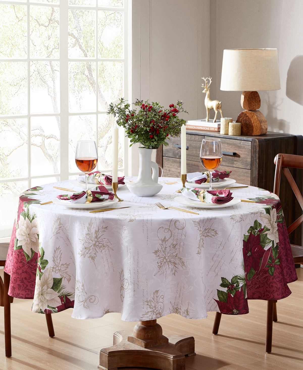 Click here for Elrene Clarette Poinsettia Holiday Fabric Round Ta... prices