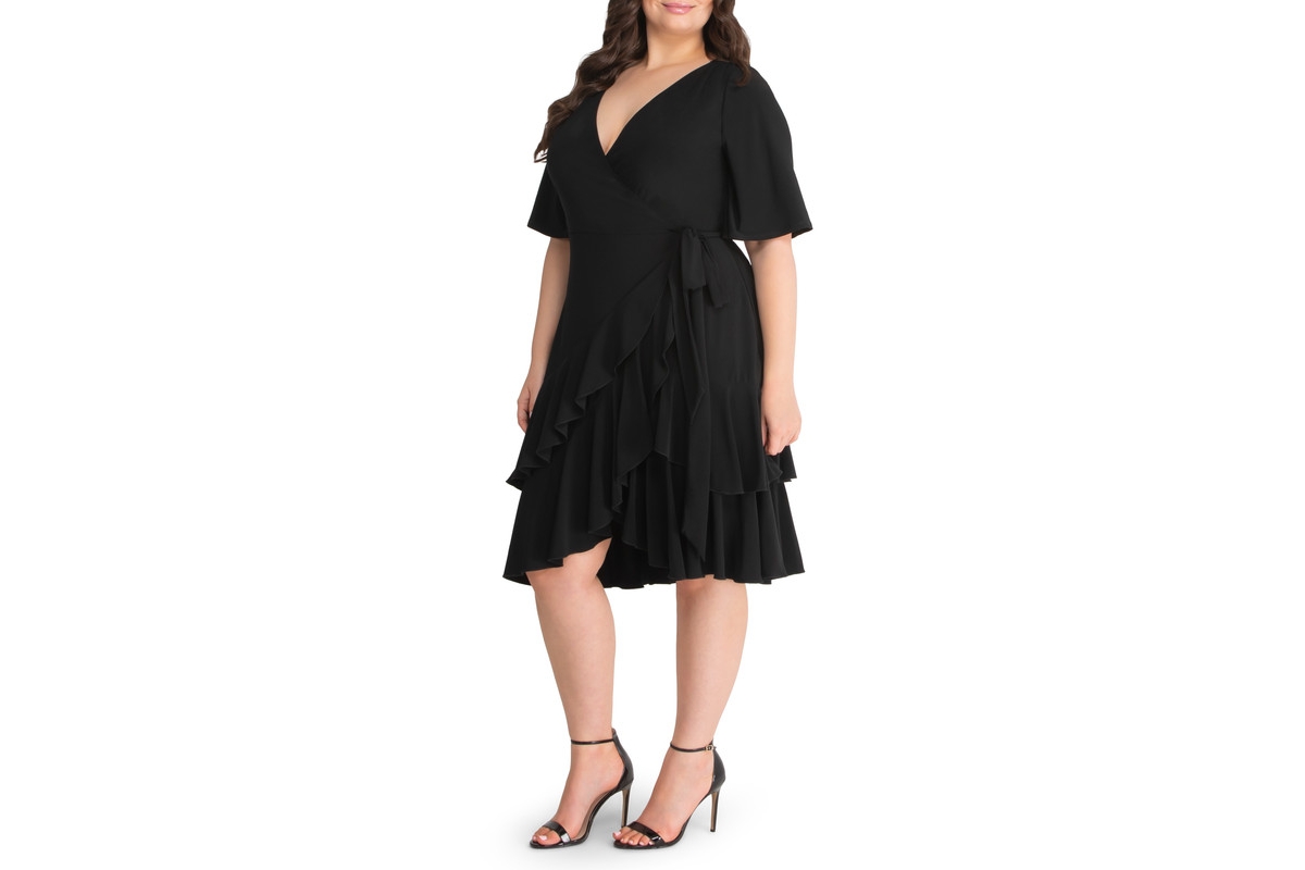 Click here for Kiyonna Plus Size Miranda Ruffle Wrap Dress - Blac... prices