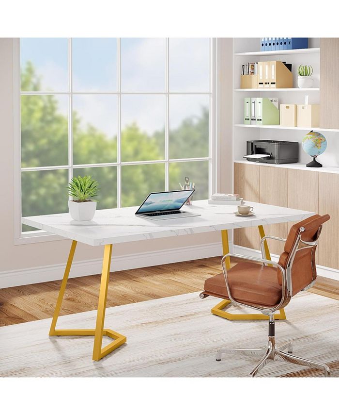 Tribesigns Modern Gold Computer Desk: 55 Inches White and Gold Home ...