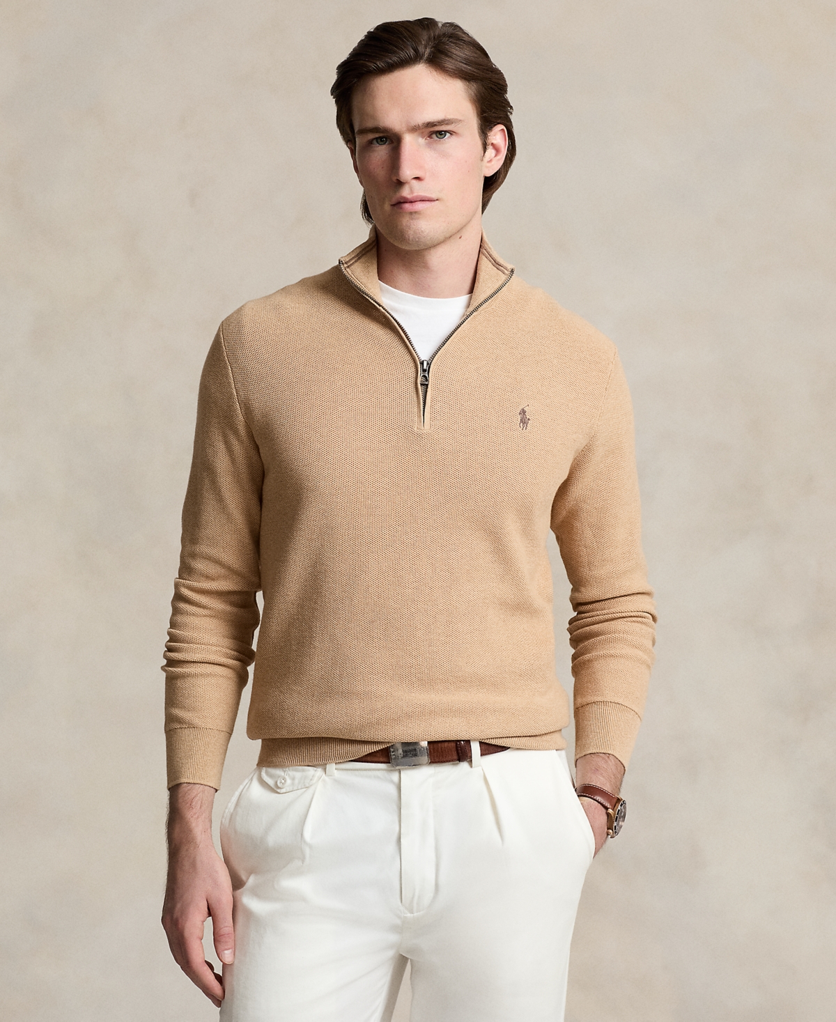 Polo Ralph Lauren Mens Mesh-Knit Cotton Quarter-Zip Sweater - Brown