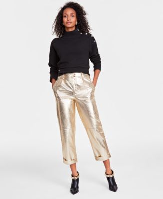I.N.C. International Concepts Petite High-Rise Gold Foil Straight-Leg ...