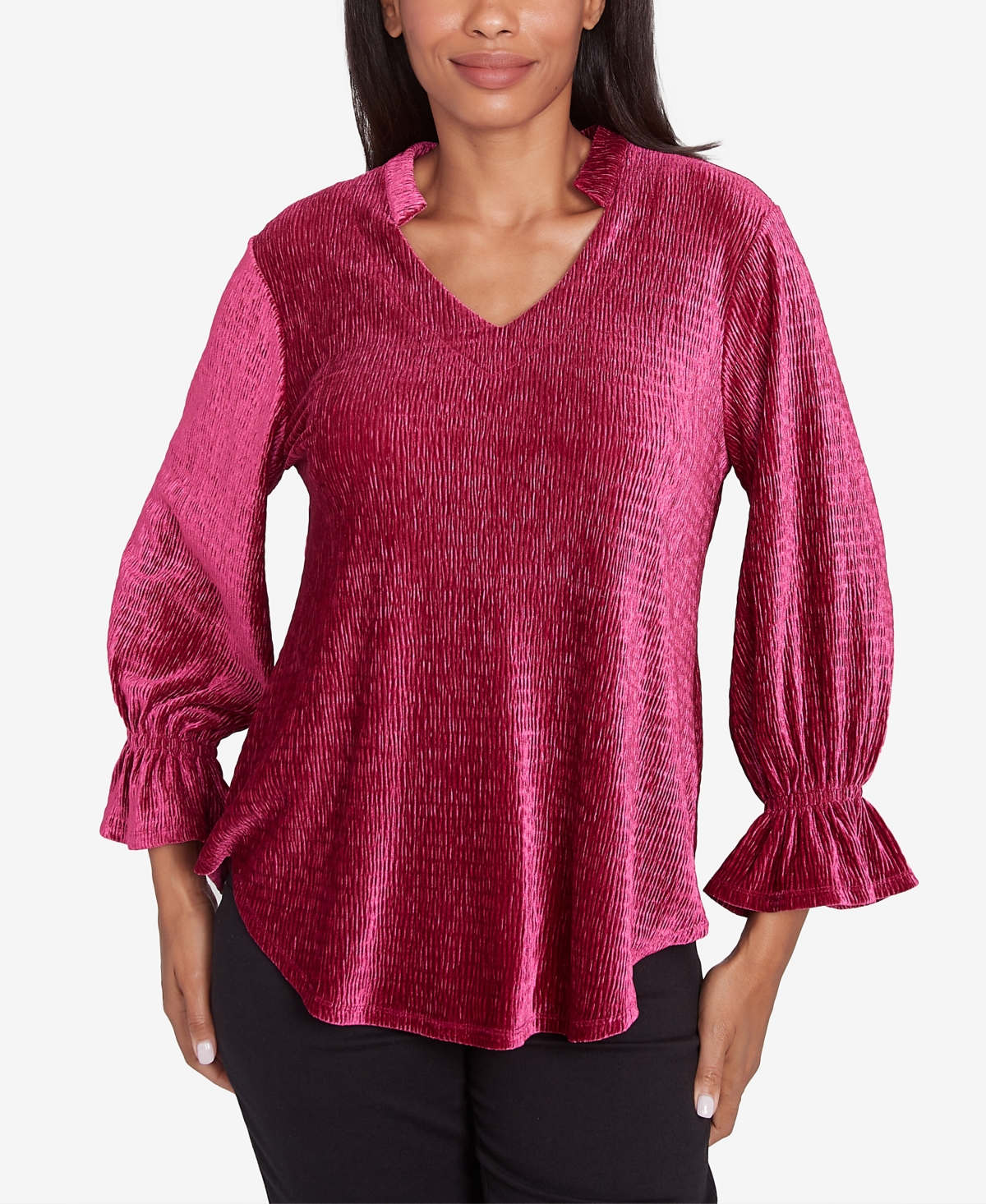 Click here for Ruby Rd. Petite Smocked Velvet V-Neck Blouse - Bee... prices