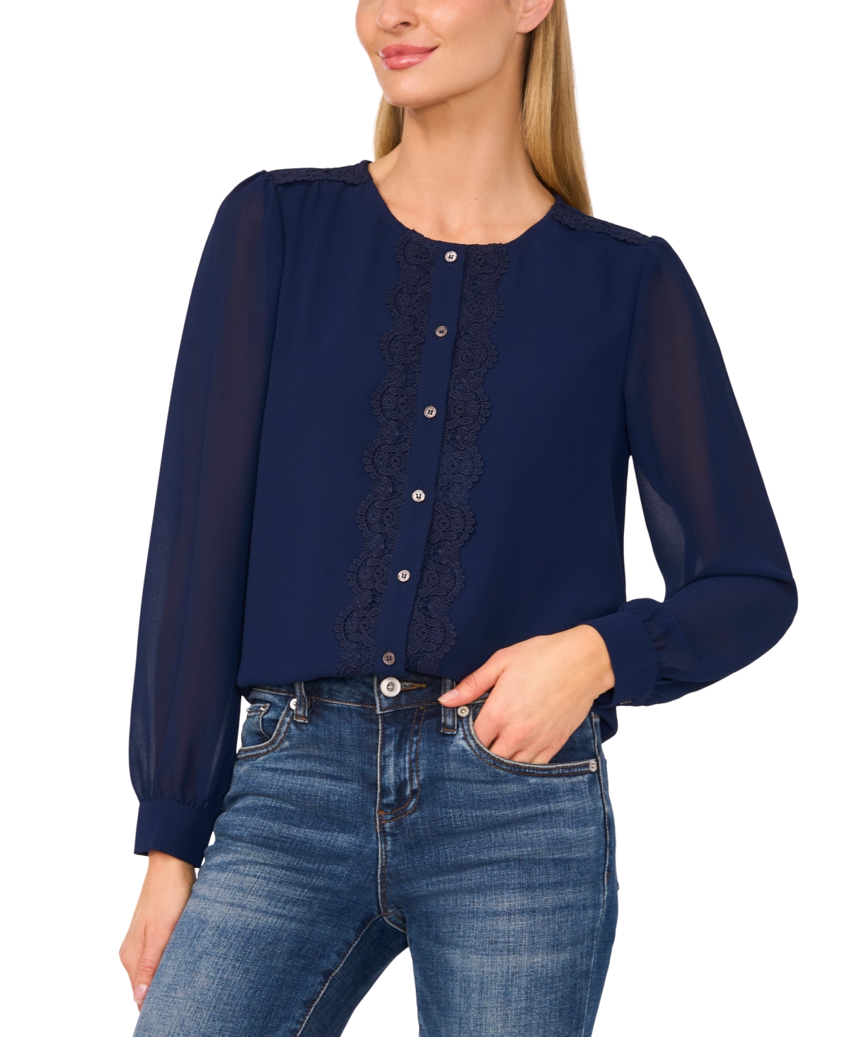 Click here for CeCe Womens Lace-Trim Button-Front Long-Sleeve Blo... prices