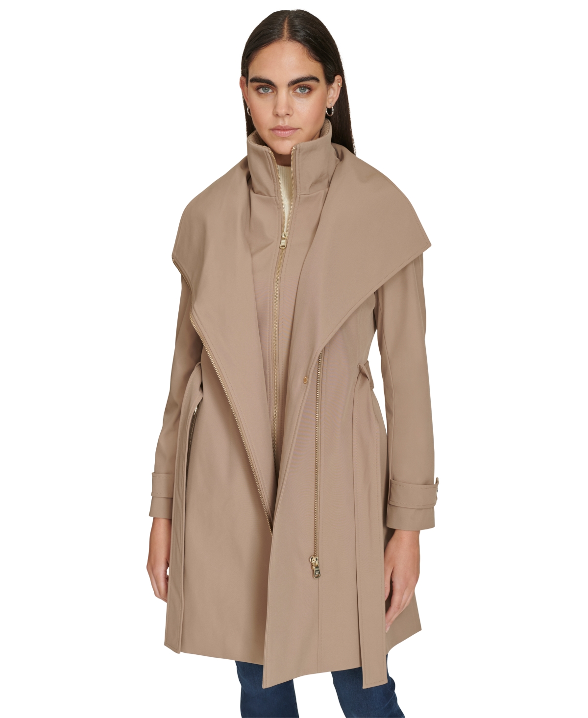 Calvin Klein Womens Long Sleeve Belted Wrap Coat - Caramel
