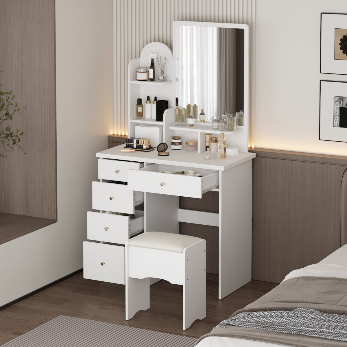 Click here for Famapy 5-Drawers White Makeup Vanity Table Wooden... prices
