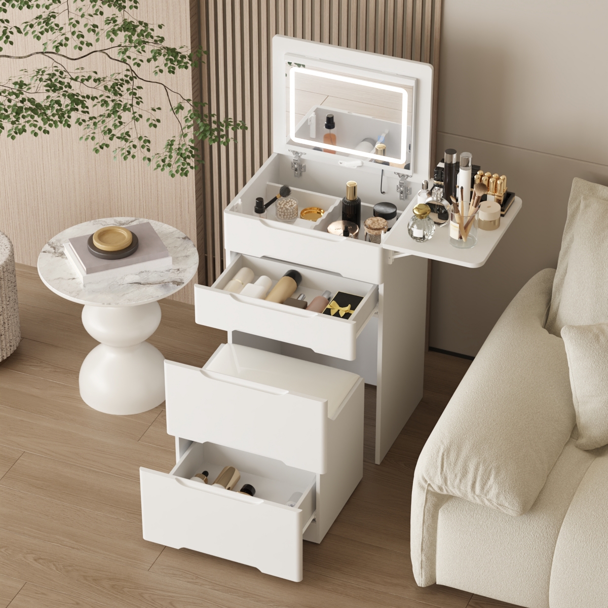 Click here for Famapy White Closet Drawer Vanity With Light Mirro... prices