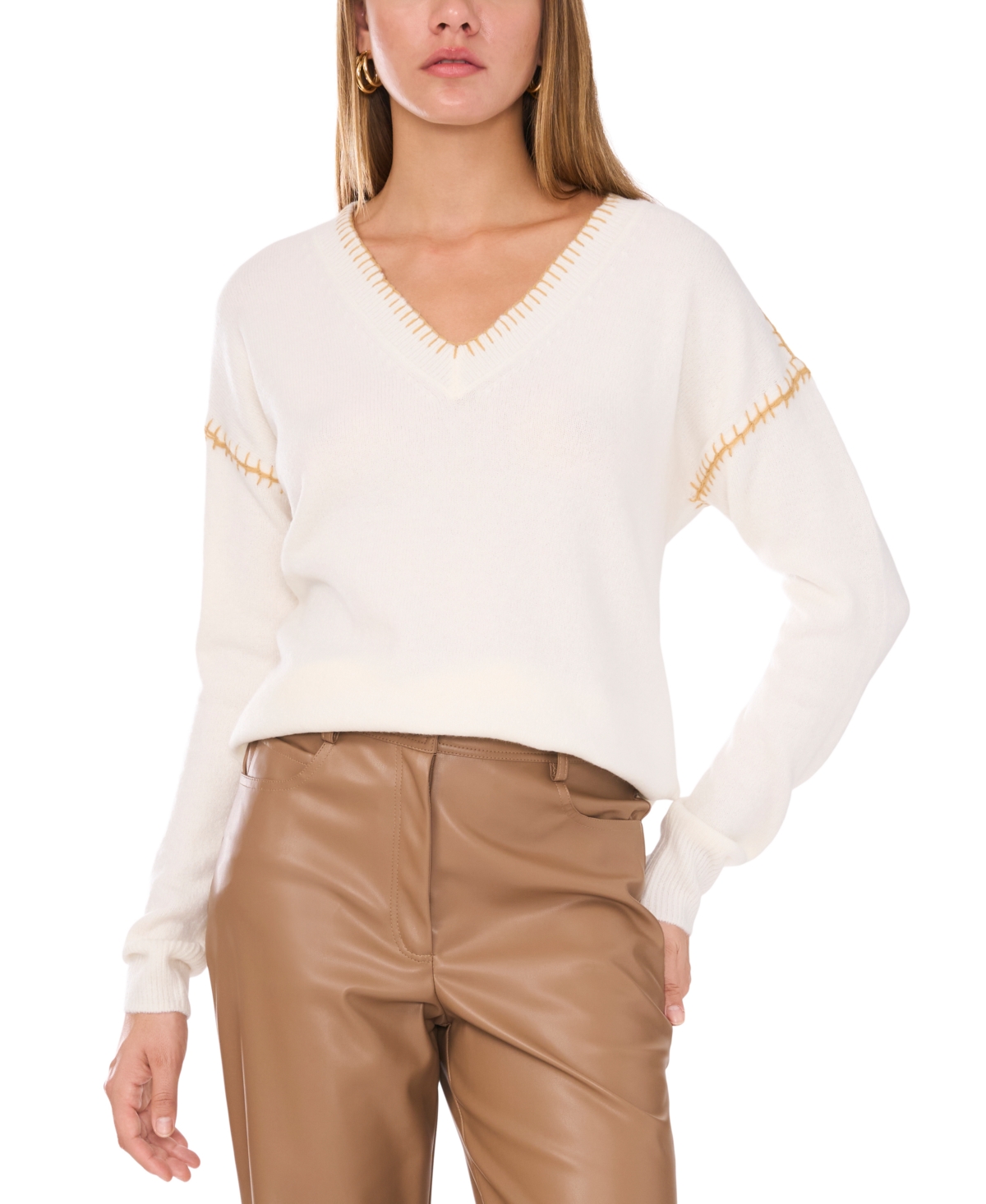 Click here for Vince Camuto Womens Whip-Stitch Trim V-Neck Sweate... prices