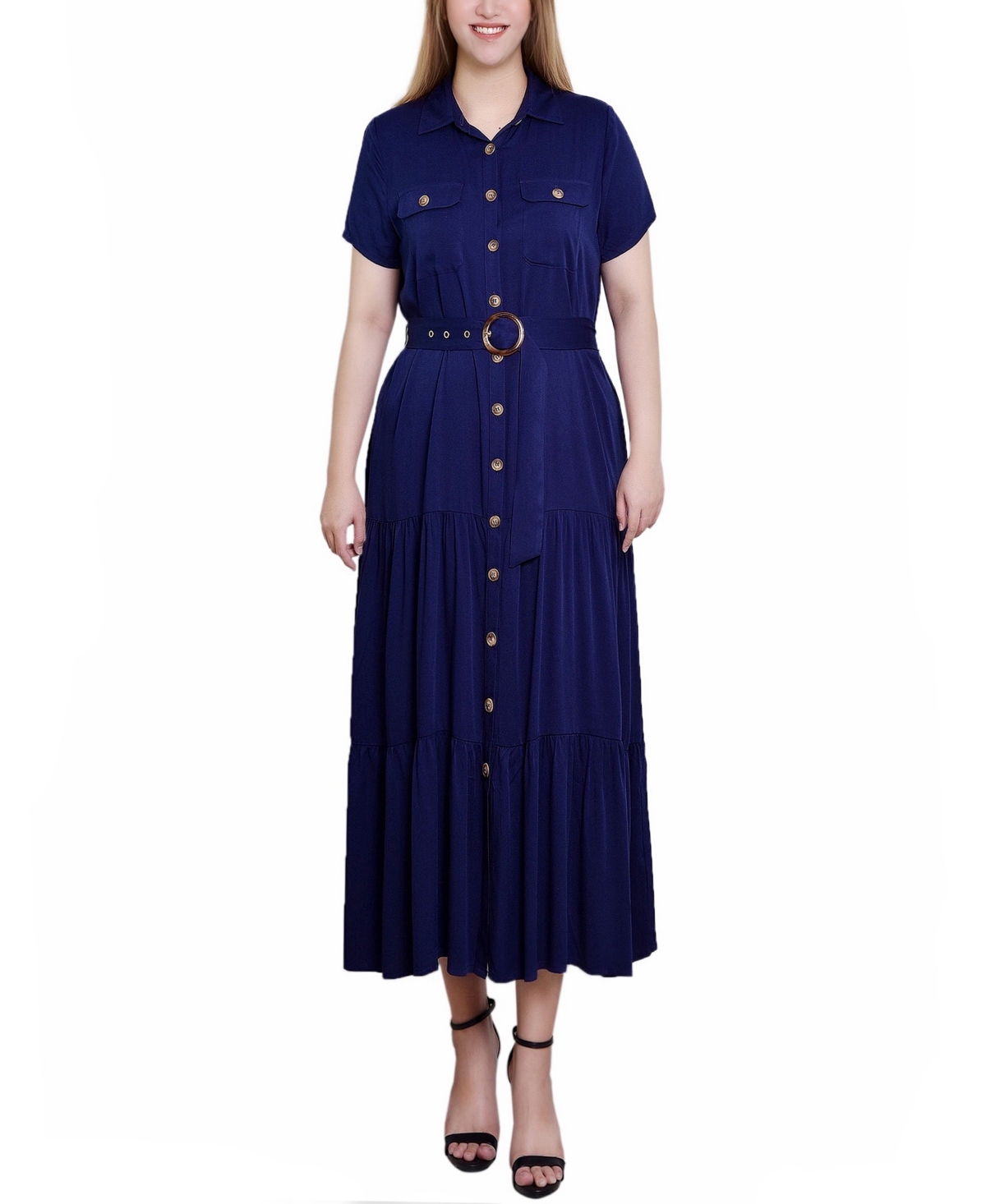 Click here for Ny Collection Petite Short Sleeve Midi Twill Dress... prices
