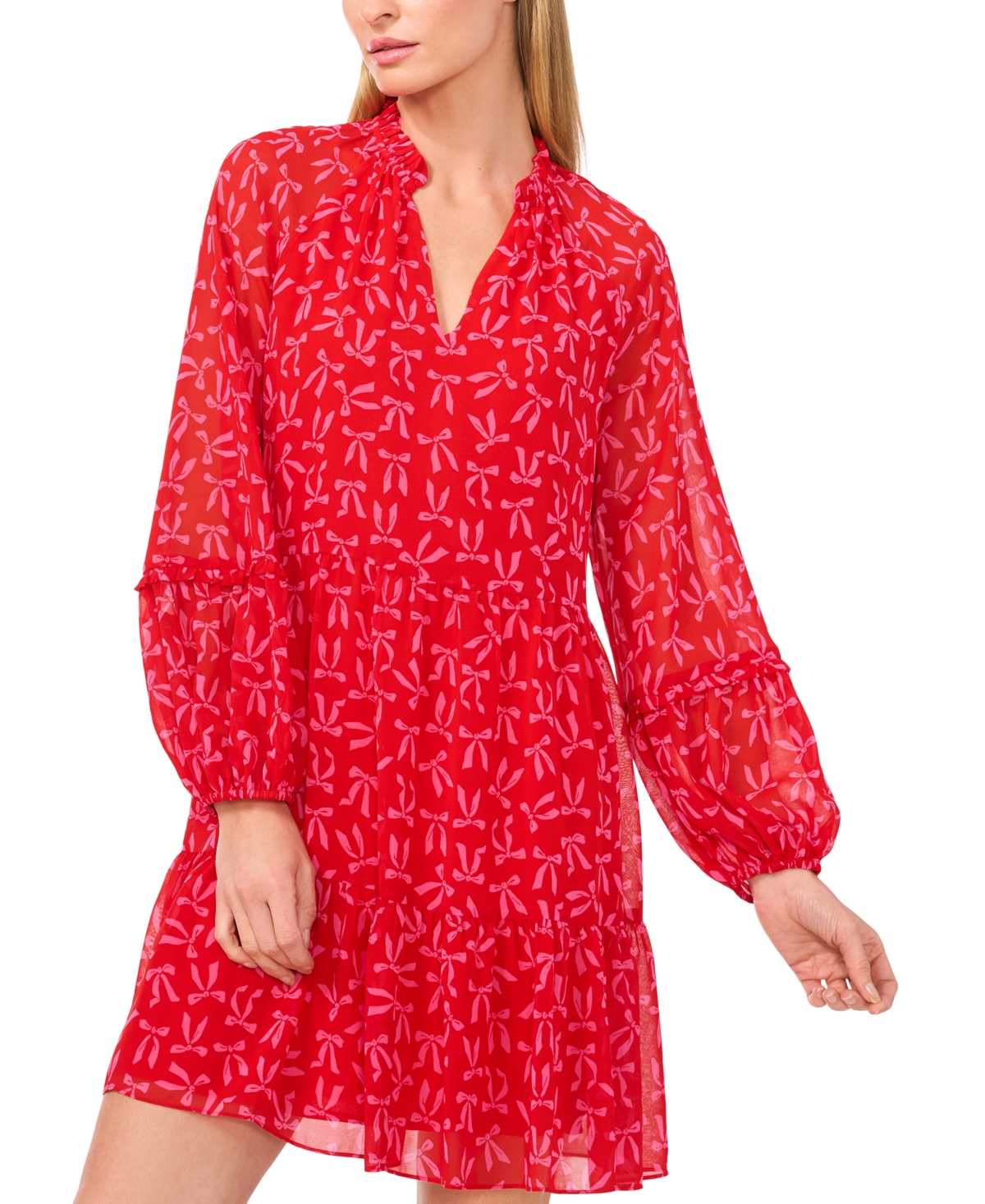 Click here for CeCe Womens Bow-Print Babydoll Long-Sleeve Dress -... prices