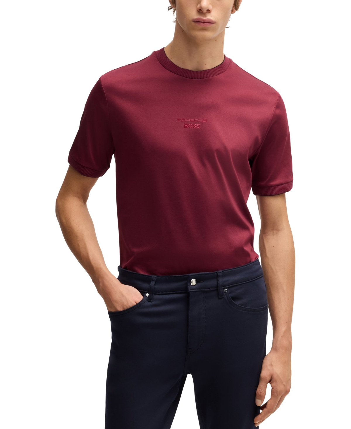 Click here for Hugo Boss X Porsche Mens Branded T-Shirt - Dark Re... prices
