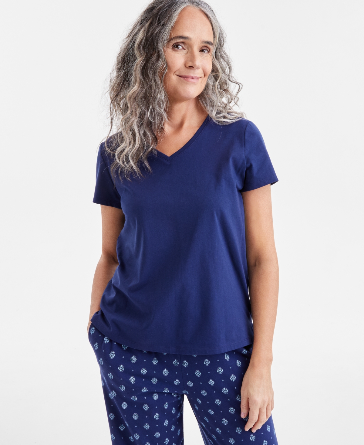 Charter Club Womens Solid V-Neck Short-Sleeve Sleepwear Top  Created for Macys - Medieval Blue