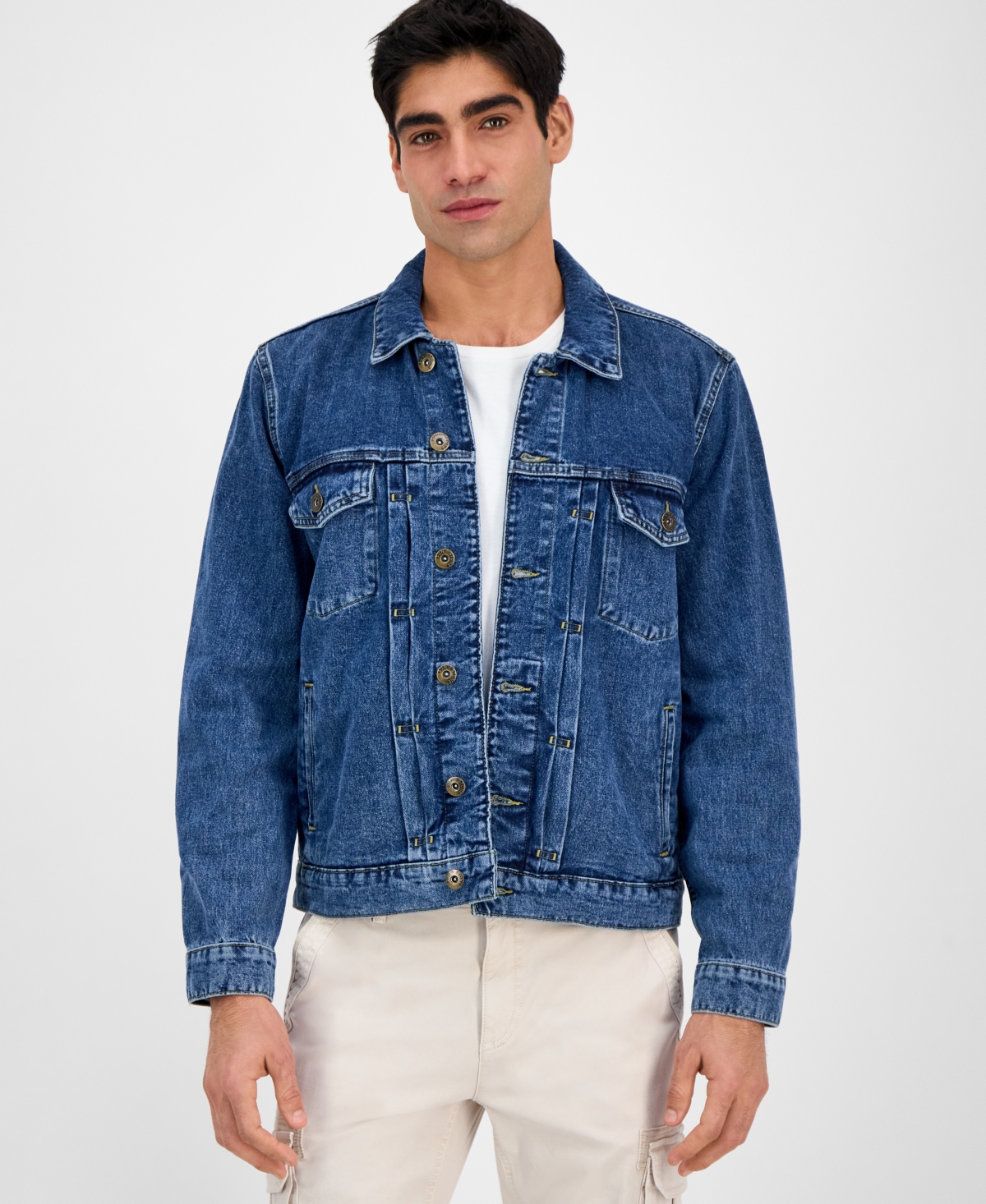 Click here for Sun + Stone Mens Ridge Pleated Denim Trucker Jacke... prices