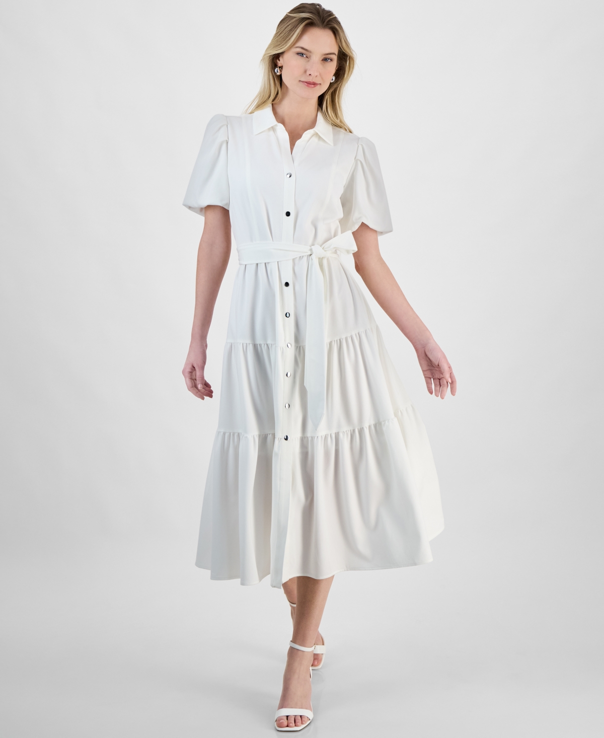 Click here for T Tahari Womens Puff-Sleeve Belted Tiered Dress -... prices