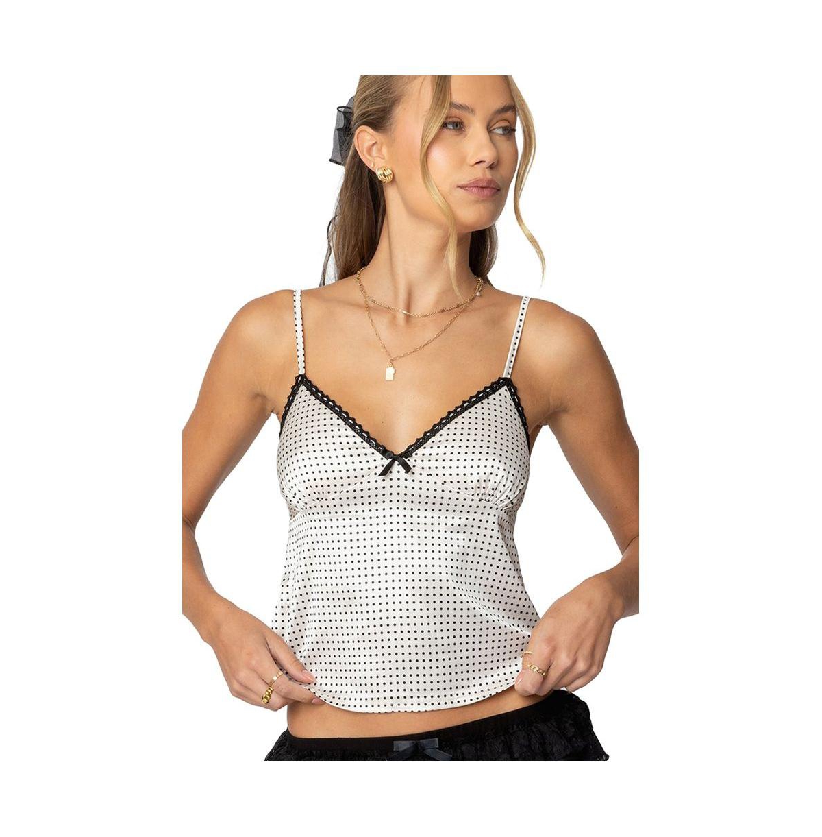 Edikted Womens Polka Dot Satin Lace Trim Top - Cream