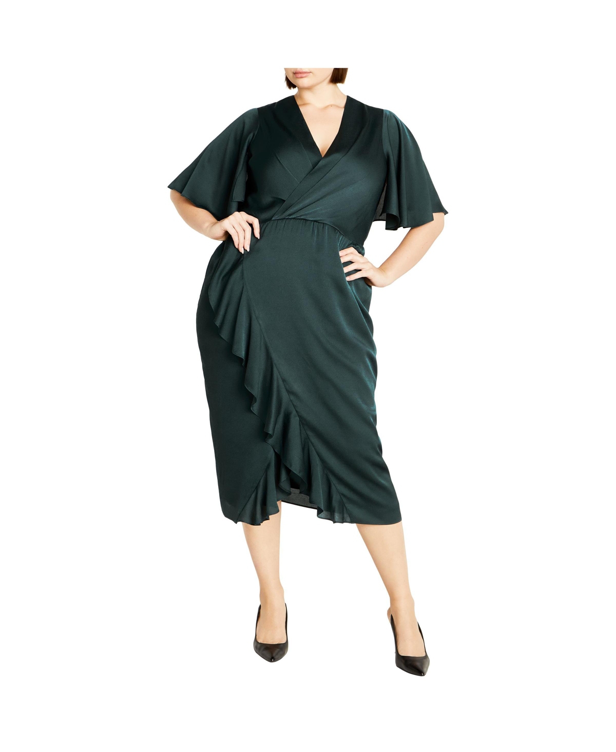 Click here for City Chic Plus Size Soft Ruffle Dress - Emerald prices