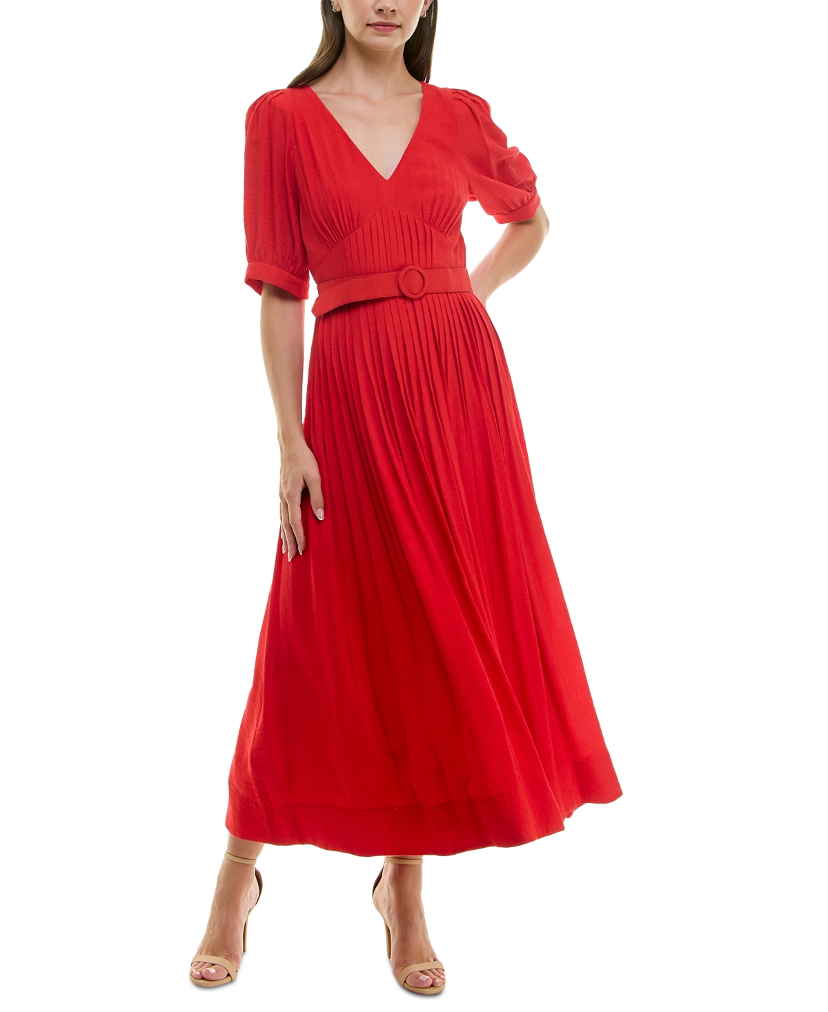Click here for Taylor Womens Pleated Belted Fit & Flare Dress - R... prices