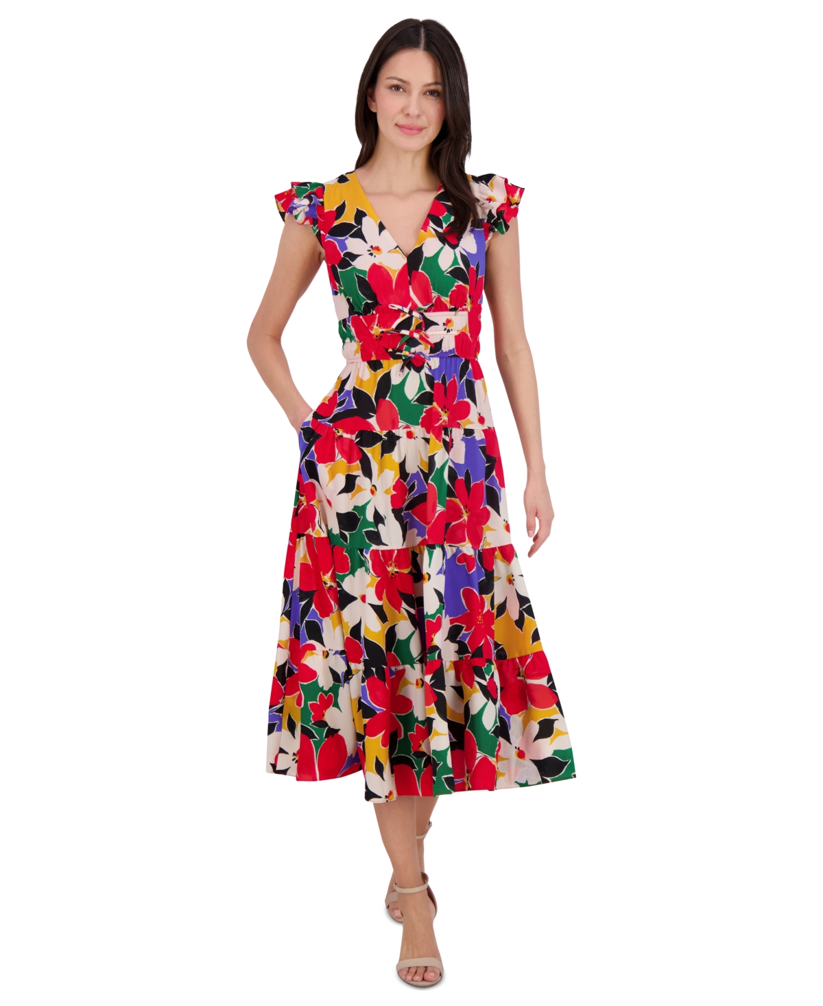 Click here for Vince Camuto Womens Flutter-Sleeve Tiered Midi Dre... prices