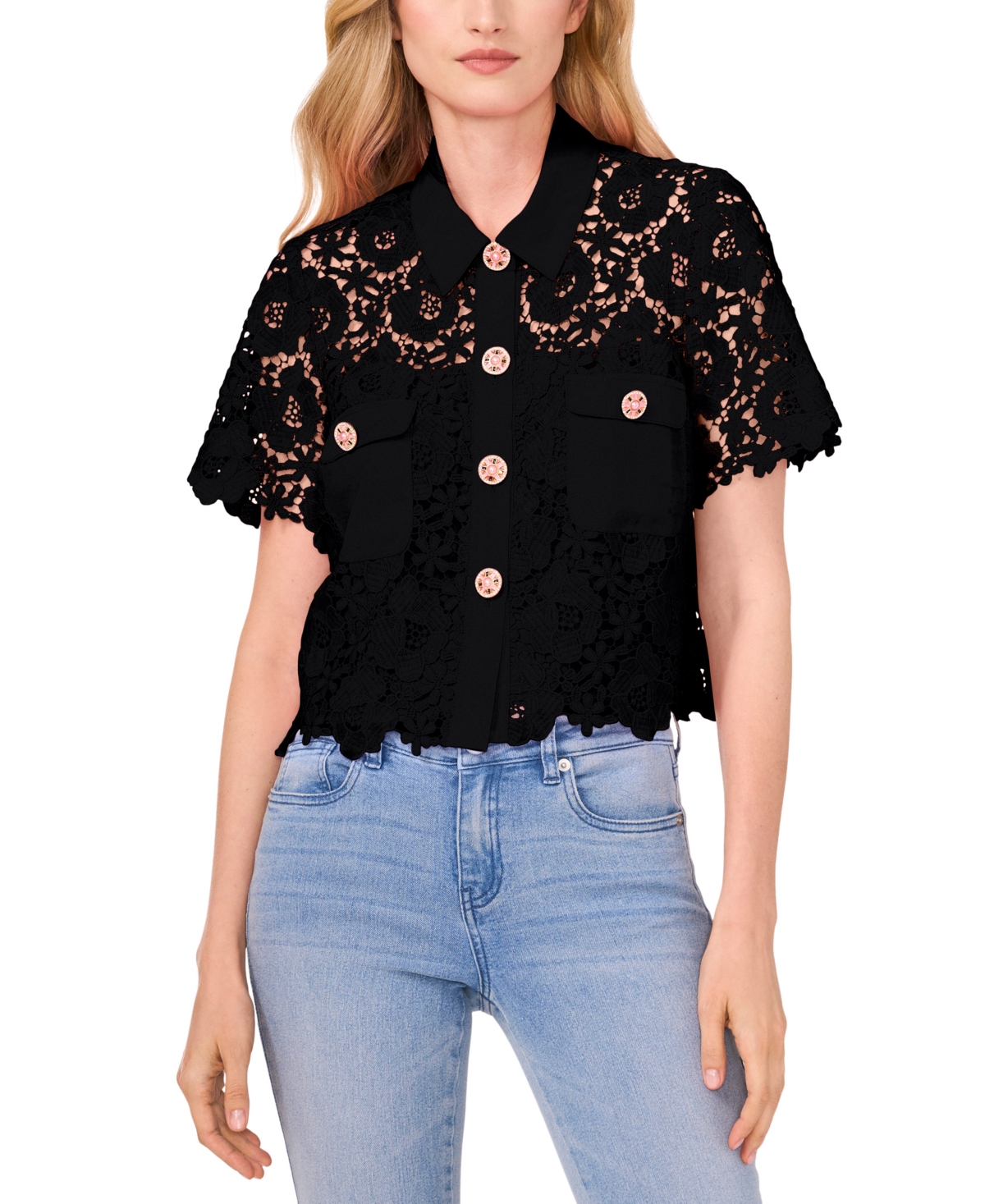 Click here for CeCe Womens Lace Short-Sleeve Button-Up Blouse - R... prices