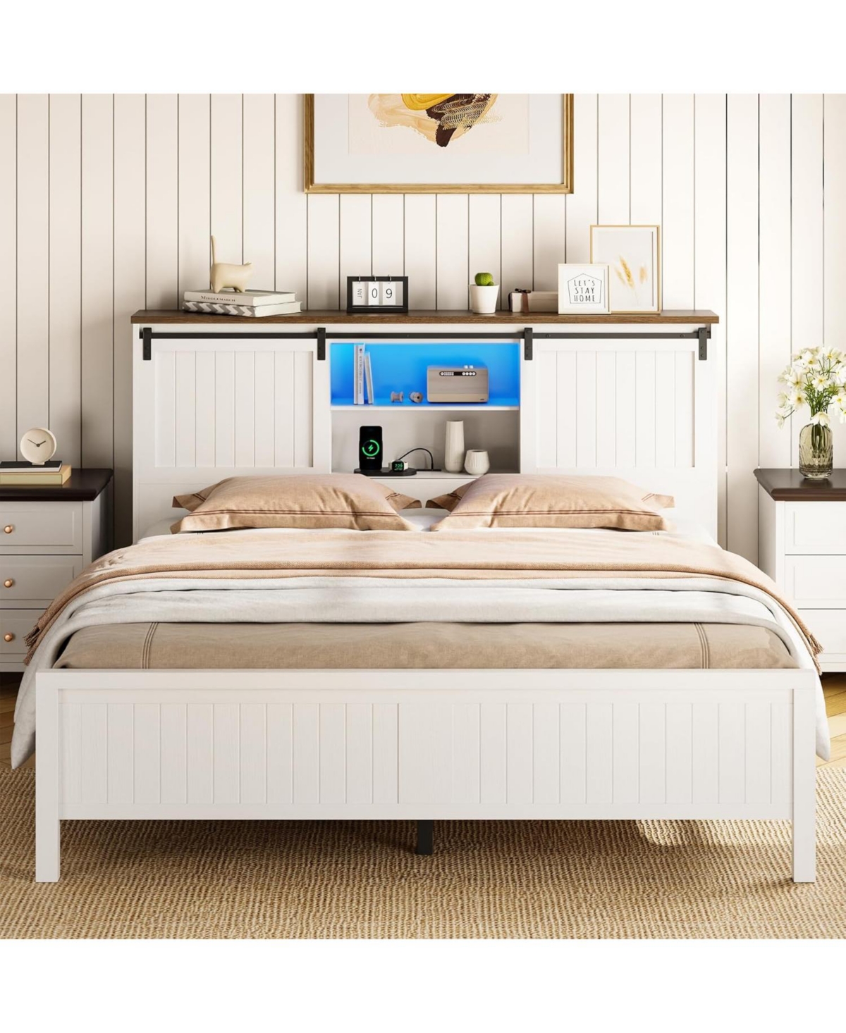 Click here for gaomon Farmhouse Bed Frame with Led Lights and Cha... prices