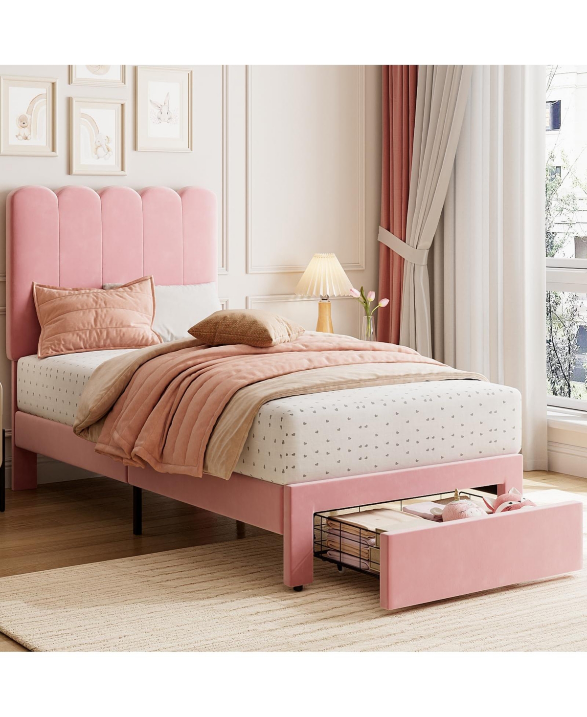 Click here for gaomon Twin Bed Frame with Under-Bed Drawer  Pink... prices