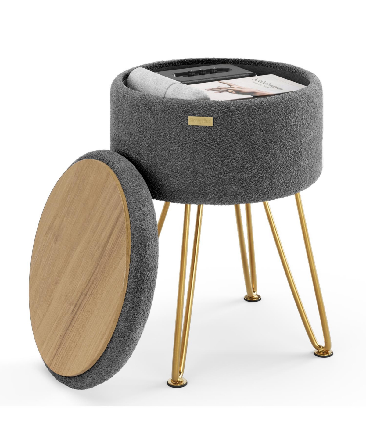 Click here for Nestl Modern Boucle Round Ottoman with Hidden Stor... prices