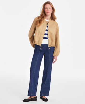 On 34th Women's Twill Bubble-Hem Bomber Jacket, Striped Sleeveless Sweater & Sailor-Button Jeans ...