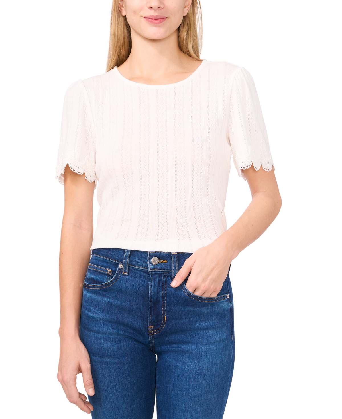 Click here for CeCe Womens Scalloped-Cuff Lace-Trim Round-Neck To... prices