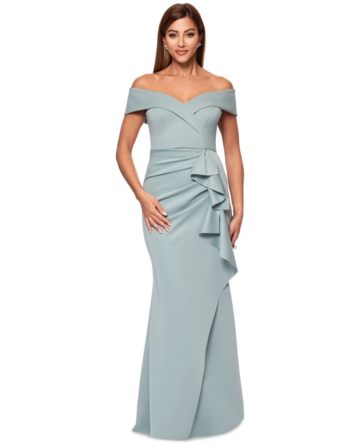 Click here for Xscape Scuba Off-The-Shoulder Gown - Sage prices