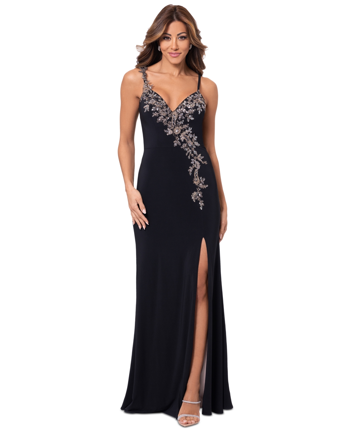 Click here for Xscape Petite Embellished V-Neck Gown - Black/Nude prices