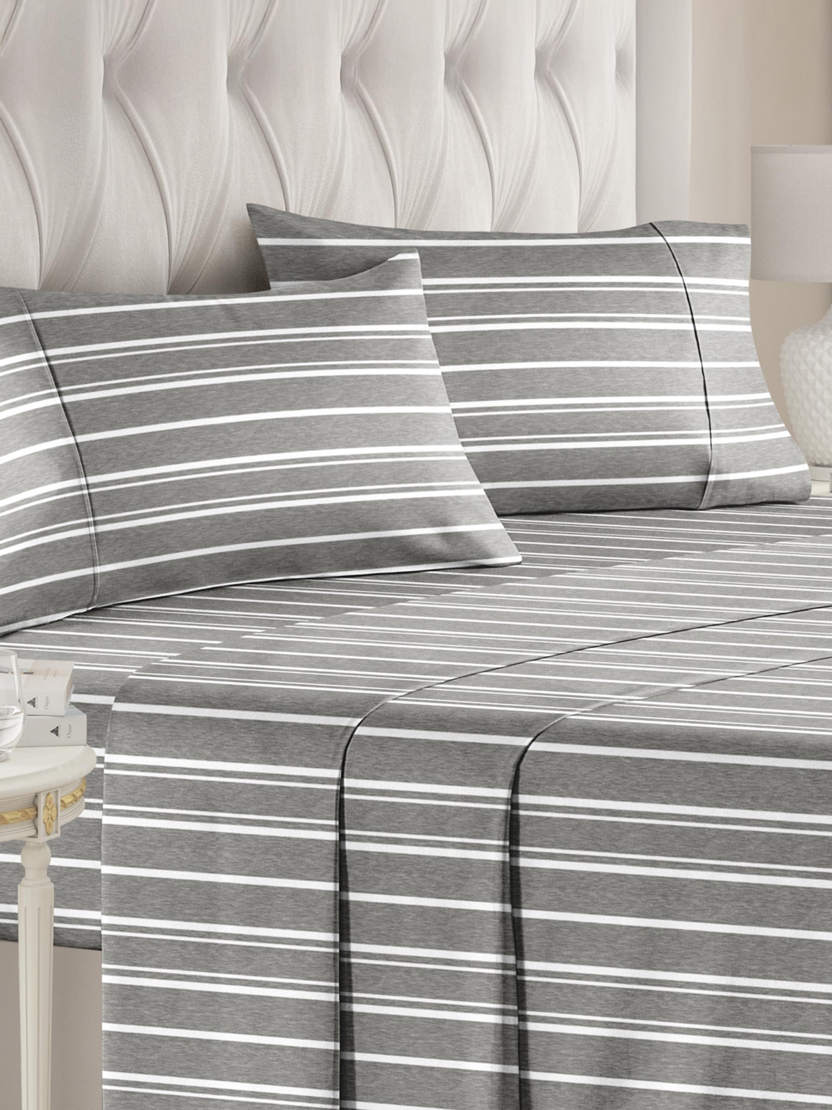Click here for 4 Piece Microfiber Sheet Set - Queen - Gray stripe... prices