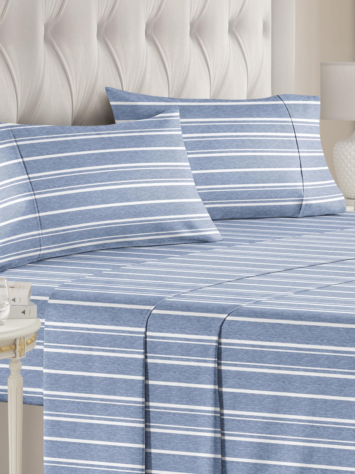 Click here for 4 Piece Microfiber Sheet Set - Queen - Blue stripe... prices