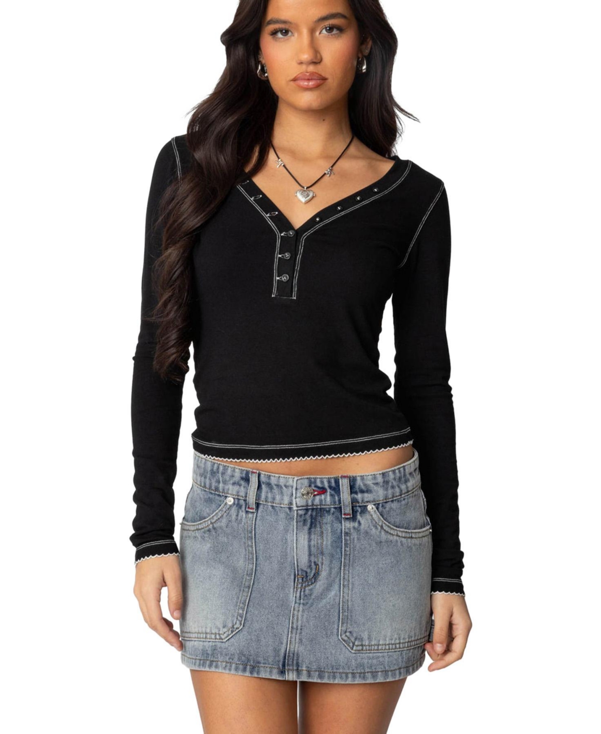 Click here for Edikted Womens Yael Contrast Stitch Henley Top - B... prices