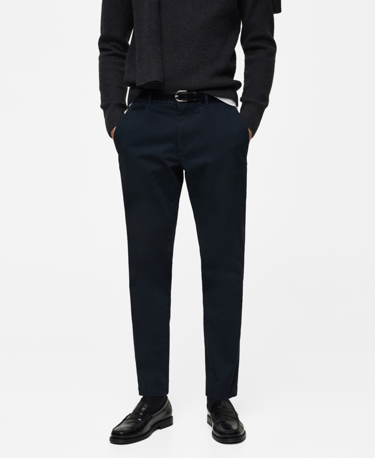 Click here for Mango Mens Slim-Fit Tapered Crop Chino Pants - Dar... prices
